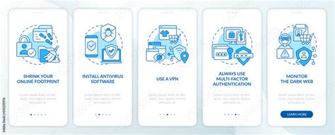 Cyberattacks Prevention Blue Onboarding Mobile App Screen Walkthrough 5 Steps Editable Graphic