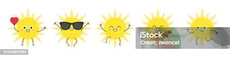 태양 귀여운 캐릭터 만화 세트 점프 인사 사랑 실행 노래 미소 얼굴 기호 여름 따뜻한 더위 날씨 햇빛 쾌활한 카와이 기쁨 행복 한 감정 아이콘 벡터 일러스트 레이 션