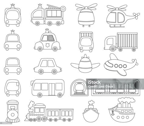 벡터 흑백 운송 세트는 정면과 측면 보기로 설정되었습니다 아이들을 위한 재미있는 라인 물 육지 항공 지하 교통 자동차 및 차량 클립 아트 귀여운 자동차 기차 아이콘 또는