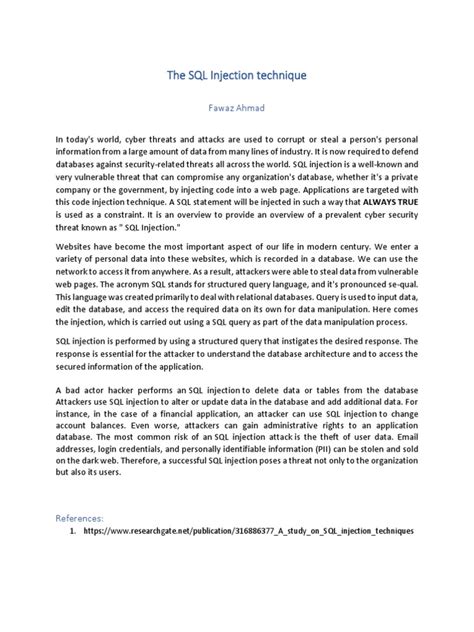 The Sql Injection Technique Fawaz Ahmad Pdf Databases Sql
