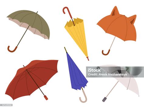 다양한 위치에 다른 우산 개방 및 접힌 우산 플랫 스타일의 벡터 그림 가을에 대한 스톡 벡터 아트 및 기타 이미지 가을 개체 그룹 계절 Istock