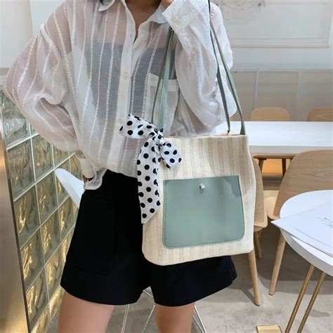 숙 녀 새로운 2019 여름 작은 신선한 패션 단일 어깨 Totte 가방 패션 밀 짚 양동이 가방 패션탑 핸드백 Aliexpress