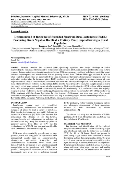 Pdf Determination Of Incidence Of Extended Spectrum Beta Lactamases Esbl Producing Gram