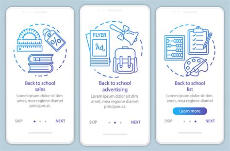 학교 온보딩 모바일 앱 페이지 화면 벡터 템플릿으로 돌아갑니다 선형 일러스트레이션을 사용하여 웹 사이트 단계를 학습합니다 Ux Ui Gui 스마트폰 인터페이스 개념 교육