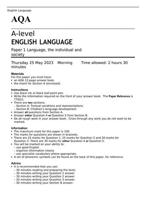 AQA A Level ENGLISH LANGUAGE Paper 1 And 2 MAY 2023 QUESTION PAPERS AND MARK SCHEMES Stuvia US