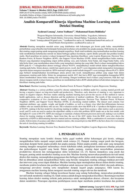Pdf Analisis Komparatif Kinerja Algoritma Machine Learning Untuk Deteksi Stunting