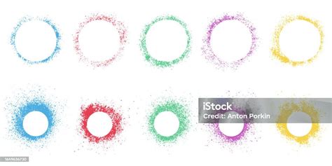원형 모양으로 설정된 프레임 컬러 잉크 튄 자국 스프레이 스텐실 컬렉션 더러운 테두리 페인트 브러시 질감 빈 둥근 얼룩 추상 디자인 요소입니다 격리된 벡터 그림 원형에 대한