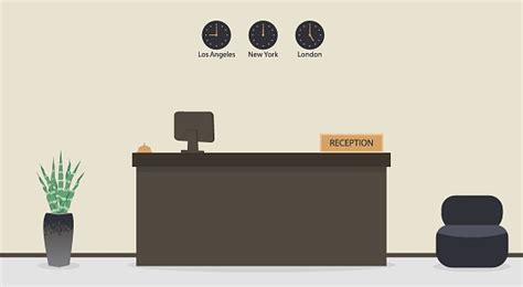 호텔이나 은행 접수 업무에 빈 리셉션 데스크 대기실 비즈니스 오피스의 홀 가구가있는 현대적인 인테리어 고객을위한 안락 의자 벡터