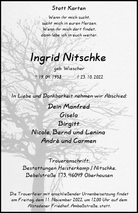 Traueranzeigen Von Ingrid Nitschke Trauer In Nrwde
