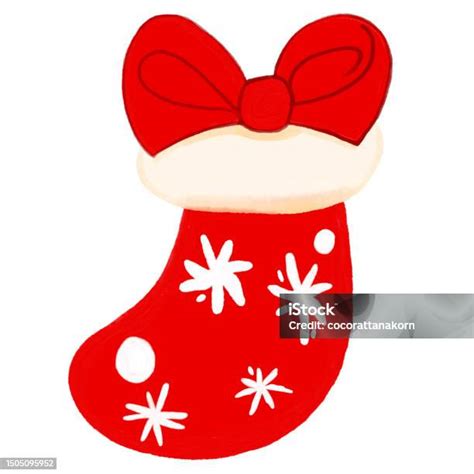 흰색 배경에 분리된 리본이 달린 귀여운 빨간 양말을 위한 수채화와 그림 아이콘 그림의 디지털 페인팅입니다 휴일에 크리스마스와 새해 요소 장식 0명에 대한 스톡 벡터 아트 및