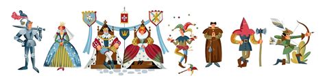 중세 문자 세트 중세 벡터 일러스트레이션의 사람들 왕 여왕 공주 기사 광대 흰색 배경에 고립 된 궁수 여왕에 대한 스톡 벡터 아트 및 기타 이미지 Istock
