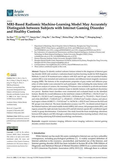 Pdf Mri Based Radiomic Machine Learning Model May Accurately Distinguish Between Subjects With
