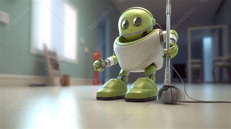 3d Render Of An Android Robot Holding A Vacuum Cleaner Powerpoint Background For Free Download