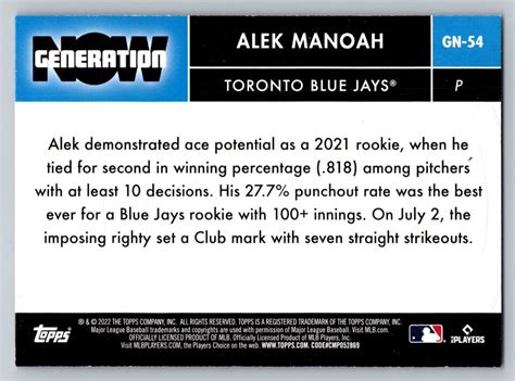 2022 Topps Gn 54 Alek Manoah Generation Now Ebay