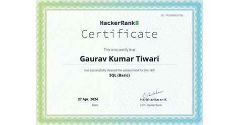 Gaurav Kumar Tiwari On Linkedin Hackerrank Skill Certificate