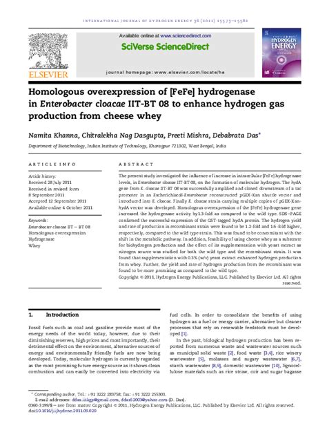 Pdf Homologous Overexpression Of [fefe] Hydrogenase In Enterobacter Cloacae Iit Bt 08 To