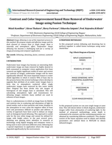 Irjet Contrast And Color Improvement Based Haze Removal Of Underwater Image Using Fusion