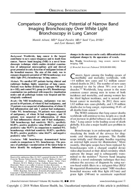 Pdf Comparison Of Diagnostic Potential Of Narrow Band Imaging Bronchoscopy Over White Light
