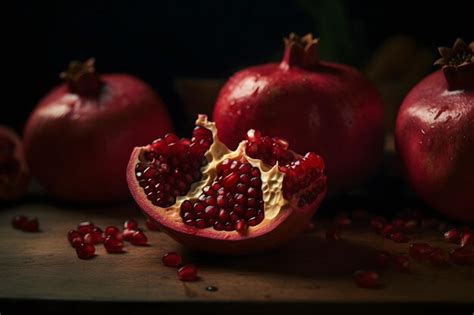 Premium Ai Image Ripe Pomegranate With Juicy Seeds On Old Wooden Table Neural Network Ai Generated