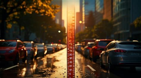 Premium Ai Image Thermometer Showing High Temperature In Front Of Traffic During Heatwave