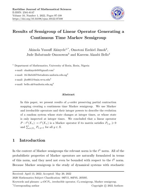 Pdf Results Of Semigroup Of Linear Operator Generating A Continuous Time Markov Semigroup
