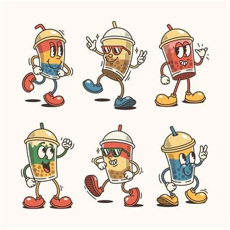 Set Of Trendy Bubble Tea And Cartoon Characters Vintage Character Vector Art Collection