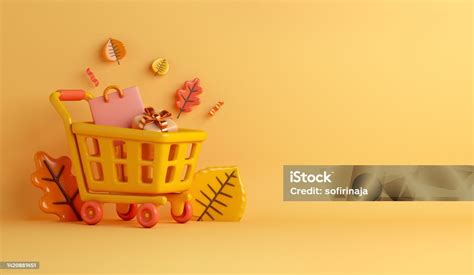 트롤리 바구니 쇼핑 카트 선물 상자 가방 나뭇잎 복사 공간 텍스트 3d 렌더링 일러스트레이션과 가을 판매 장식 배경 가을에 대한 스톡 사진 및 기타 이미지 Istock