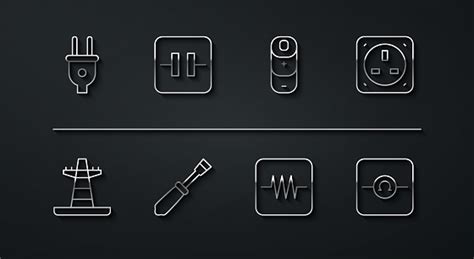 세트 라인 전기 플러그 타워 라인 전기 콘센트 저항 전자 회로 스크루 드라이버 전해 콘덴서 저항계 및 배터리 충전 아이콘 벡터 0명에 대한 스톡 벡터 아트 및 기타 이미지