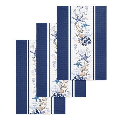 Coastal Navy Kitchen Dish Towels For Drying Dishes Set Of 3 Blue