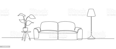 식물과 소파와 램프와 테이블의 연속 한 줄 그리기 심플한 리니어 스타일의 현대적인 가구와 거실 인테리어 낙서 벡터 일러스트레이션