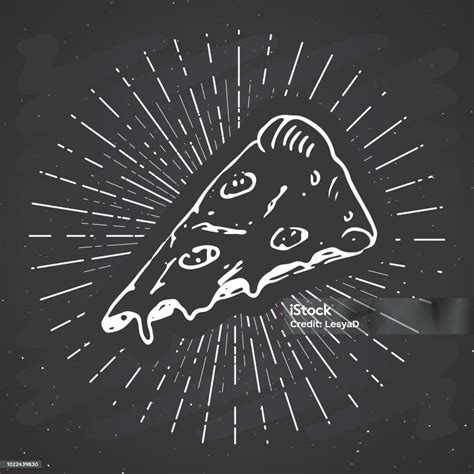 피자 조각 빈티지 라벨 손으로 그린된 스케치 그런 지 질감된 복고풍 배지 인쇄 술 디자인 T셔츠 인쇄 칠판 배경 그림을 벡터 T 셔츠에 대한 스톡 벡터 아트 및 기타 이미지