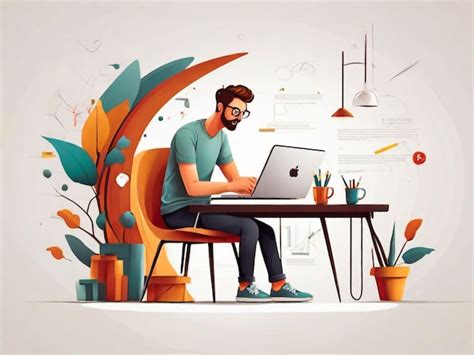 premium photo a man sits at a desk with a laptop and the logo of a