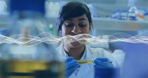 Scientist Examining Sample In Laboratory With Dna Strand Animation
