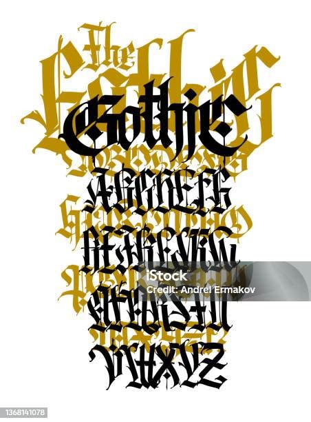 현대 고딕 전체 영어 알파벳 벡터 중세 라틴어 대문자 두 가지 스타일 문신에 대한 징후와 기호 고대 유럽 스타일 서예와 글자 개체 그룹에 대한 스톡 벡터 아트 및 기타