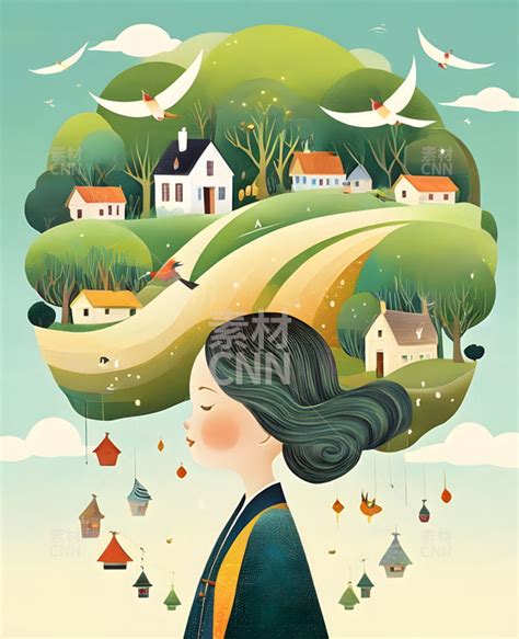小女孩与乡村数字插画素材cnn