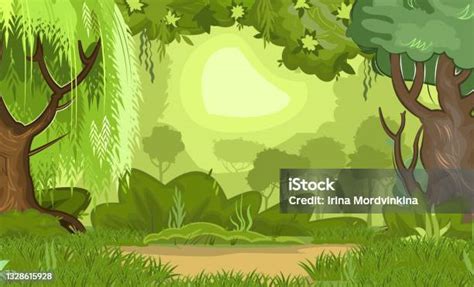 여름 숲 풍경 가장자리의 울창한 단풍 관목 및 클리어링 밝은 안개 덤불 자연 일러스트레이션 녹색 나무의 보기 만화 플랫 스타일