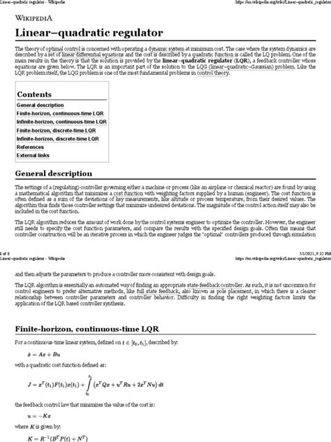 Linear Quadratic Regulator Wikipedia Pdf Control Engineering Control Theory