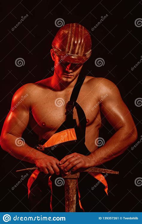 Mining Area Under Construction Man Miner With Mining Equipment Muscular Man Worker Stock Image