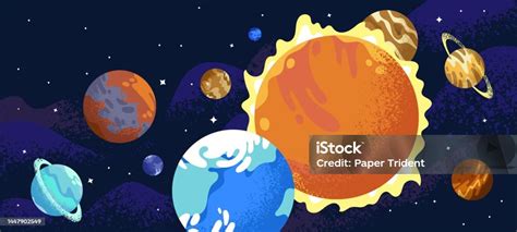 거대한 태양 주위를 회전하는 행성이 있는 태양계 우주 우주 천문학 천체 우주 별 소행성 우주의 지구 행성 태양계 평면 벡터 그림 우주에 대한 스톡 벡터 아트 및 기타 이미지