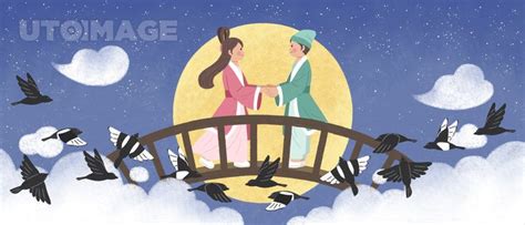 견우와 직녀 설화로 내려오는 칠월칠석 일러스트 Spai669 유토이미지 일러스트 법정기념일 계절 가을 칠석 남자 여자 2명 까치 까마귀 새 만남
