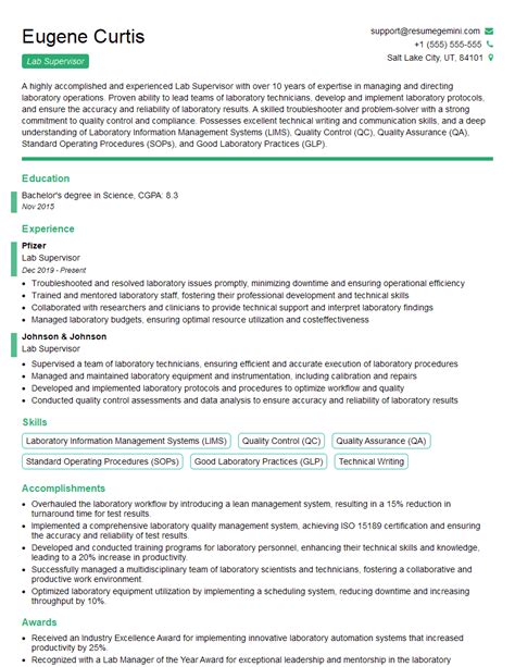 Lab Supervisor Resume Template Resumegemini Online Resume Builder