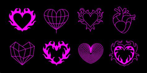 벡터 디자인 세트 화염과 불 산성 네오 부족 모양 Y2k 요소 및 고딕 스타일의 추상 일러스트레이션 하트와 사랑의 상징 고딕 및 산성 문신 및 인쇄 템플릿 Brutalism