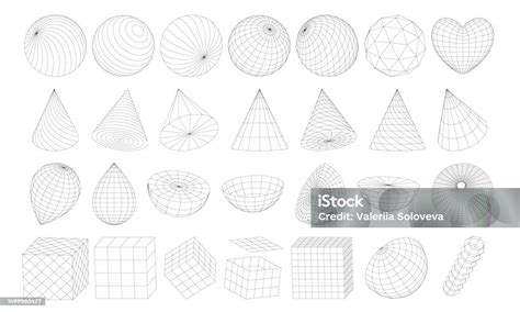 프레임 기하학적 모양의 집합입니다 표면 그리드 및 구 공 큐브 원뿔 반구 심장 복고풍 미래 그리드 3d 메쉬 개체 사이버펑크 스타일에서 영감을 받은 격리된 벡터 그래픽 요소