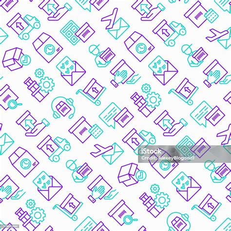 얇은 라인 아이콘익스프레스 배달 원활한 패턴 소포 트럭 배달 선적 검색 택배 선별 센터 파견 등록 배달 현대 벡터 그림입니다 검색에 대한 스톡 벡터 아트 및 기타 이미지