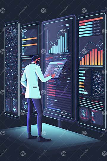 Illustration Of Data Analyst On A Dashboard With Information Process