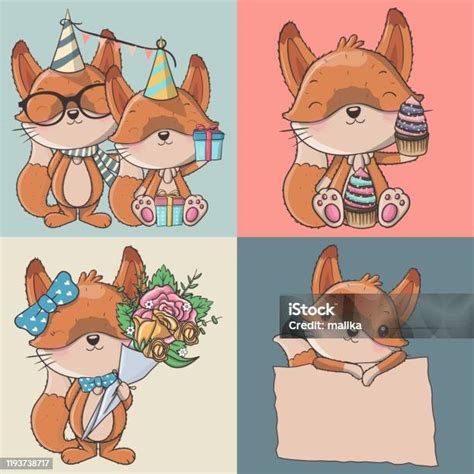 현대 심플 플랫 스타일에 귀여운 만화 여우의 집합입니다 벡터 일러스트레이션 낙서 드로잉에 대한 스톡 벡터 아트 및 기타 이미지