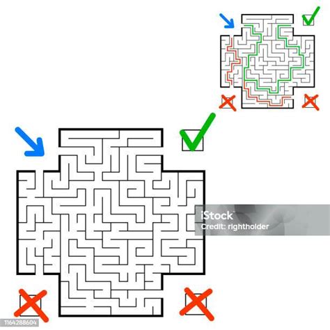 추상 사각형 미로입니다 올바른 경로를 찾으십시오 아이들을위한 게임 아이들을위한 퍼즐 미로 수수께끼 흰색 배경에 격리된 플랫 벡터 그림입니다 대답과 함께 이미지에 대한 장소와