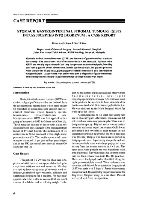 Pdf Stomach Gastrointestinal Stromal Tumours Gist Intussuscepted Into Duodenum A Case Report