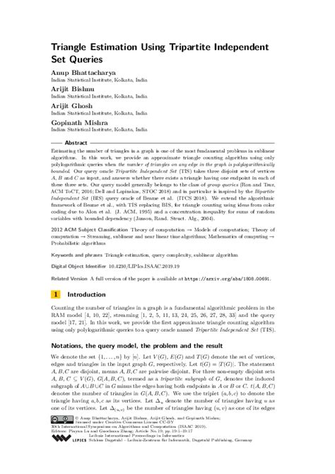 Pdf Triangle Estimation Using Tripartite Independent Set Queries