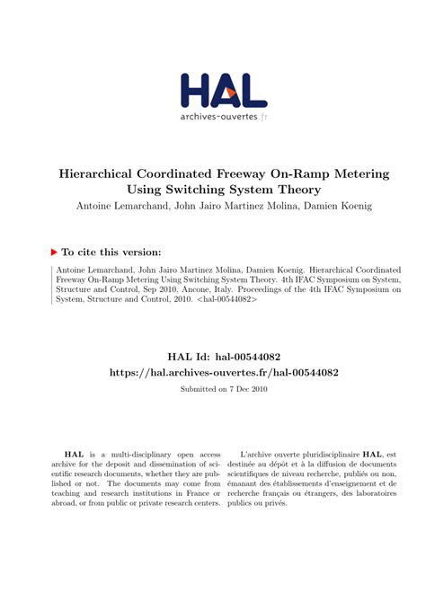 Pdf Hierarchical Coordinated Freeway On Ramp Metering Using Switching System Theory